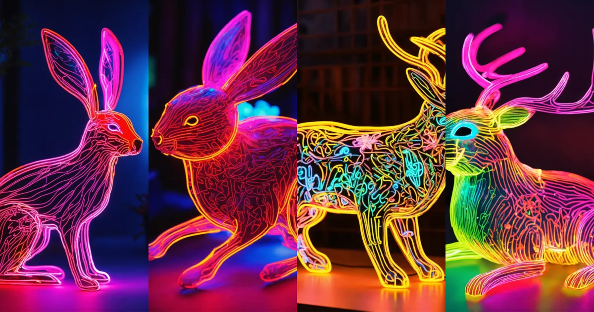 Lexica - A neon bioluminescent rabbit with antlers that is luminescent.