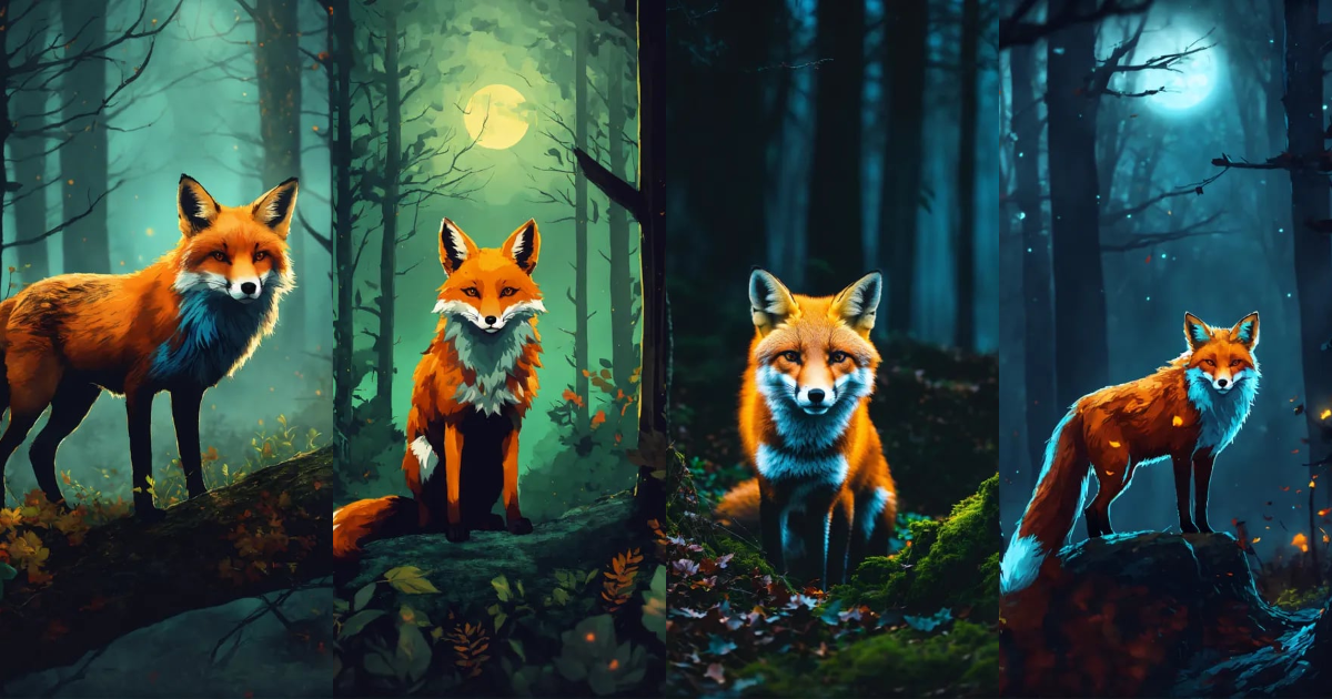 Lexica - A sinister fox in a forest at night