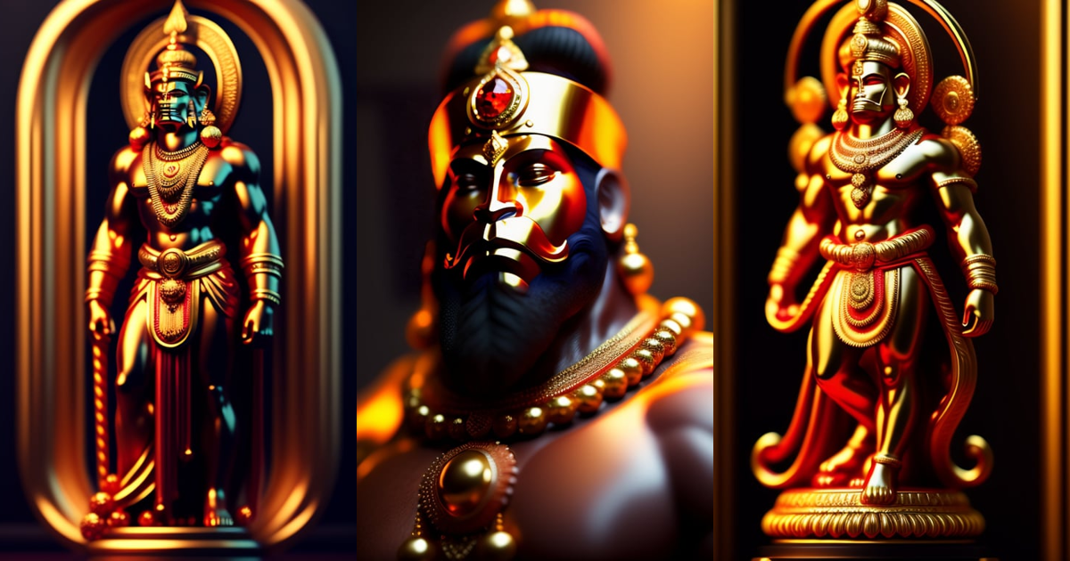 Lexica - HANUMAN , god with orange skin white tail with gold adornments ...