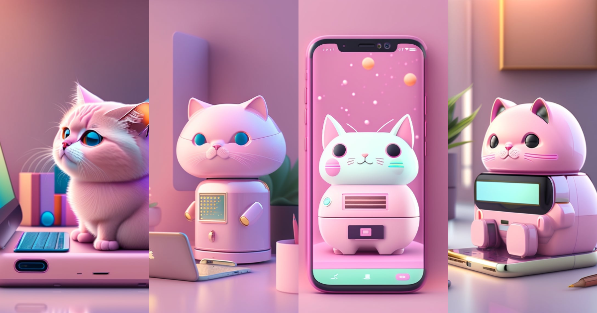 Lexica - Soft Pink cat robot working on a smartphone, office background