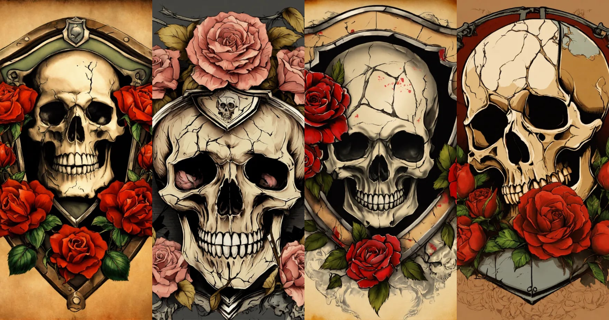 Lexica - Rotten roses next skull head with a shield old style tattoo