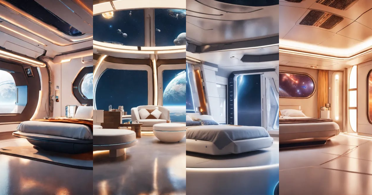 Lexica - Modern year 2123 white commercial space hotel floating in ...