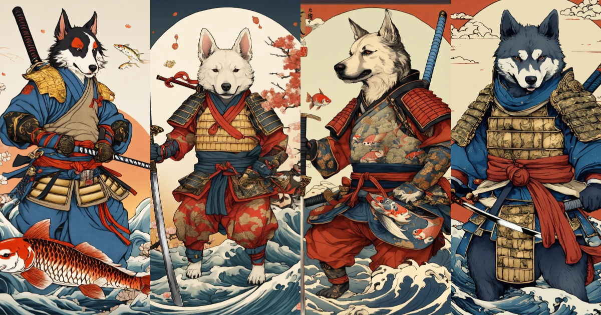 Lexica - There is a dog with a fish and a sword on a white background ...