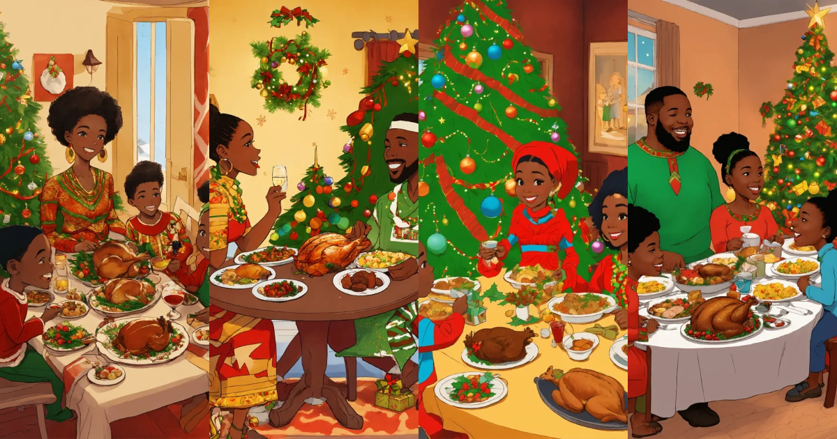 Lexica - Cartoon of black family dressed in Ashanti clothes, eating at ...