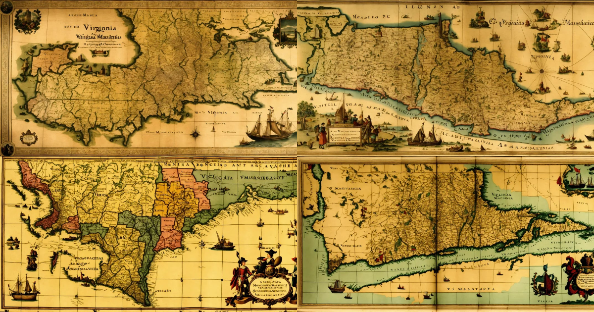 Lexica - A vintage map showing Virginia and Massachusetts In 1620