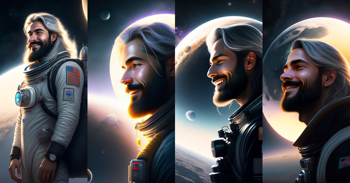 Lexica - Portrait of a smiling male gray long hair and beard astronaut ...