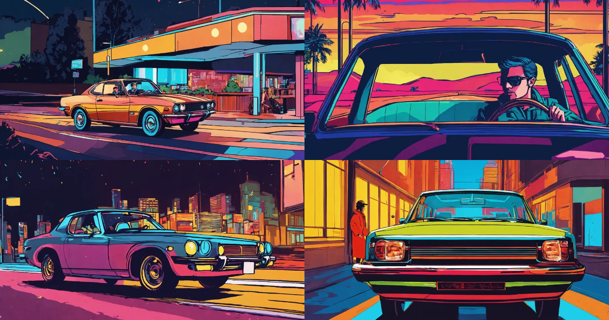 Lexica - Person driving a car at night time, pop art style, car driving ...