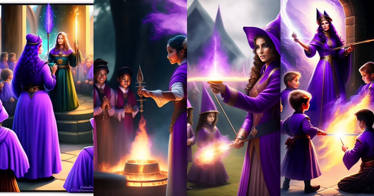 Lexica - A female wizard in purple teaching a magic class to students ...