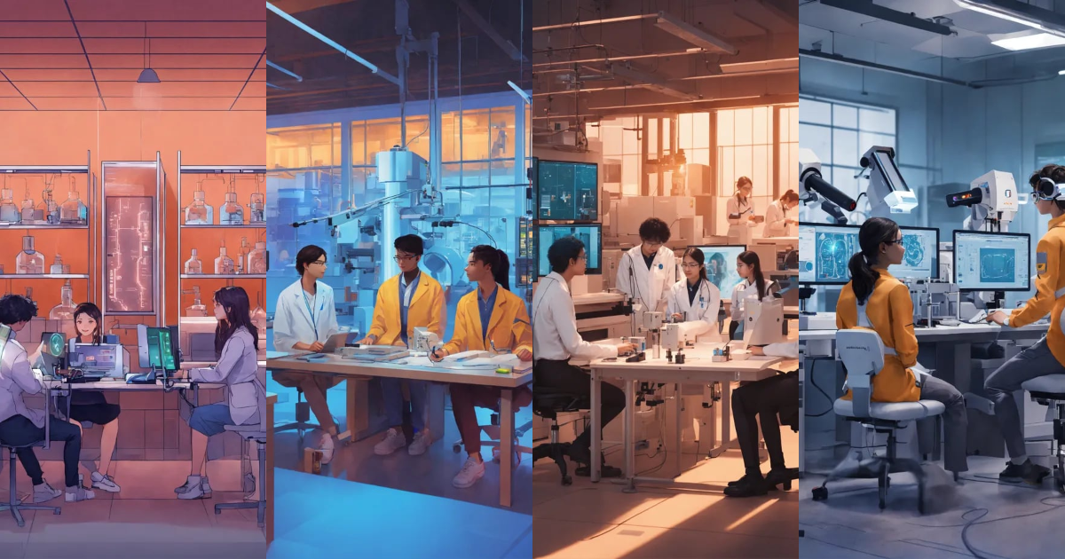 Lexica - Create an image of AI-powered interns sitting in a Lab that is ...