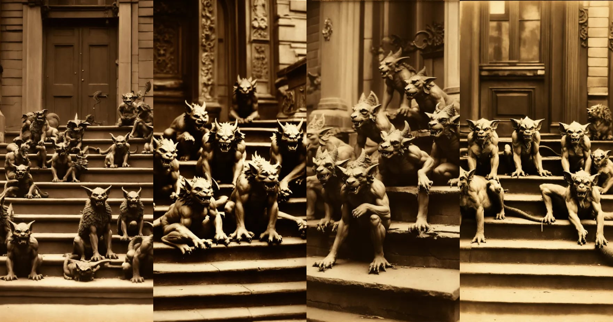 Lexica - Vintage 1800s photo of a gang of gargoyles sitting on steps ...