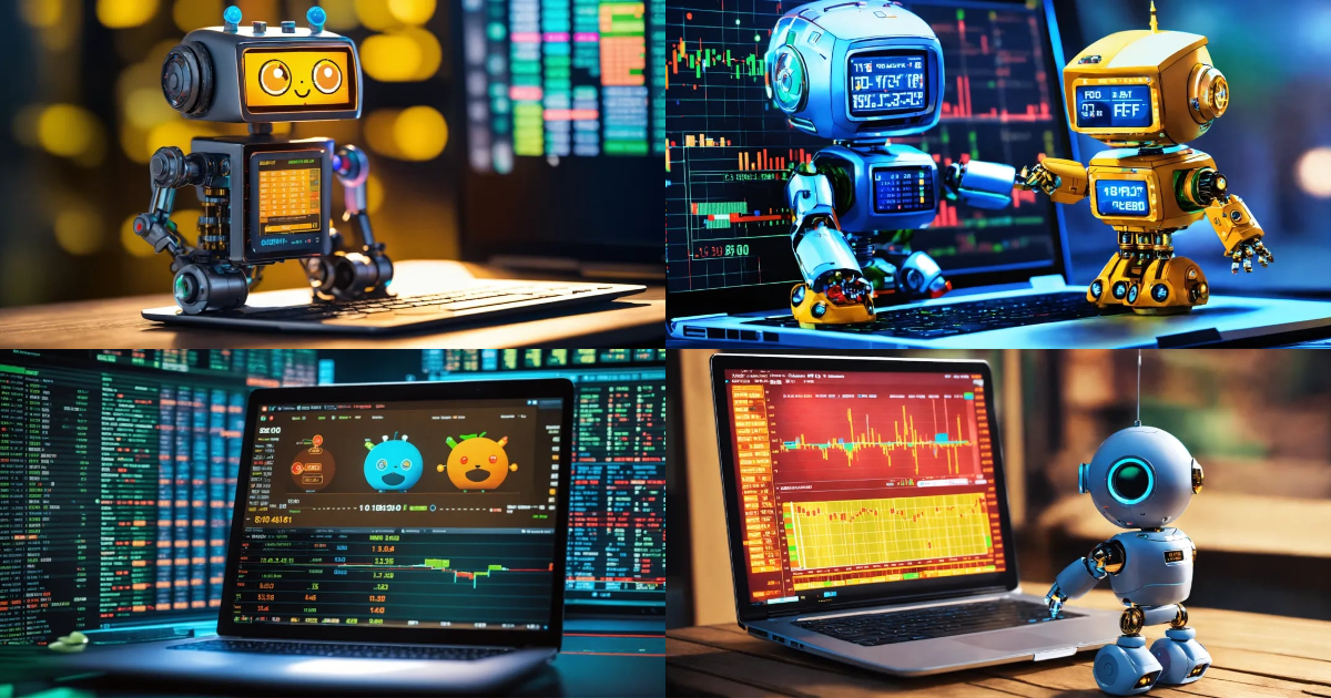 Lexica - Cute robot that monitors binary options chart on laptop
