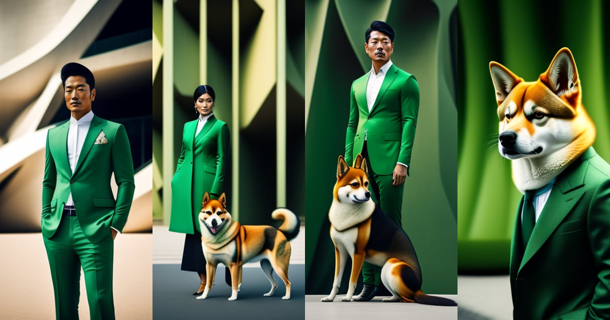 Lexica - Medium Shot of a standing shiba inu dressed in a fancy green ...