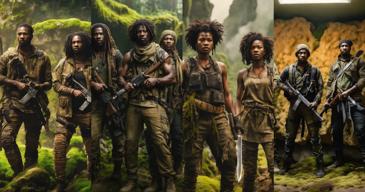 Lexica - A realistic photo of five different black survivors dressed in ...