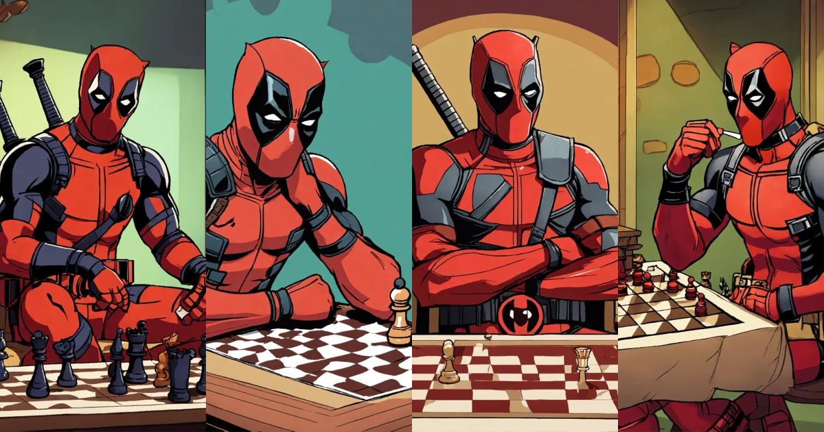 Lexica - Deadpool playing chess, cartoon style.