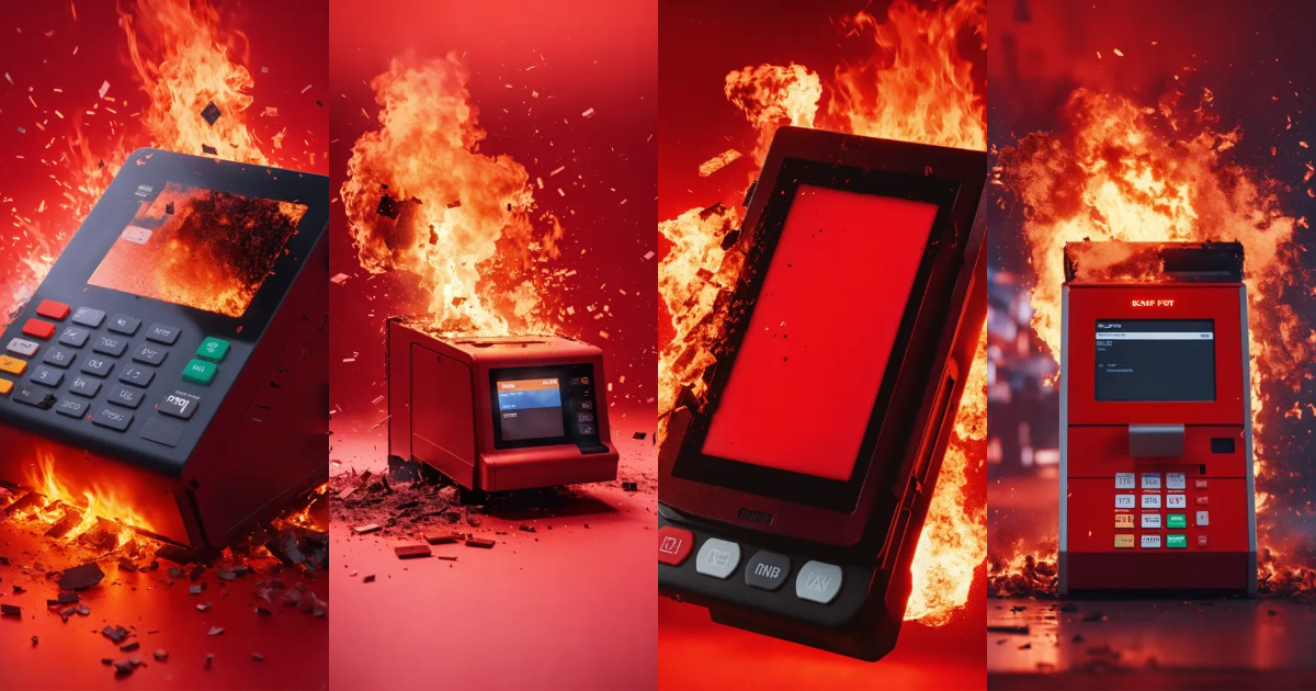 Lexica - A broken payment POS device exploded on a red screen, device ...