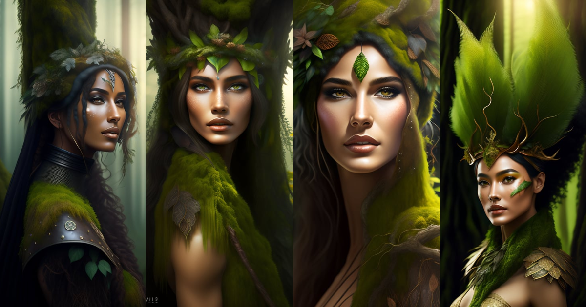 Lexica - Photorealistic, Dryad with skin of moss and armor of bark, forest