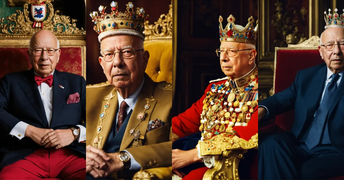 Lexica - VERY OLD KLAUS SCHWAB SITTING IN A CHAIR WEARING A CROWN A ...