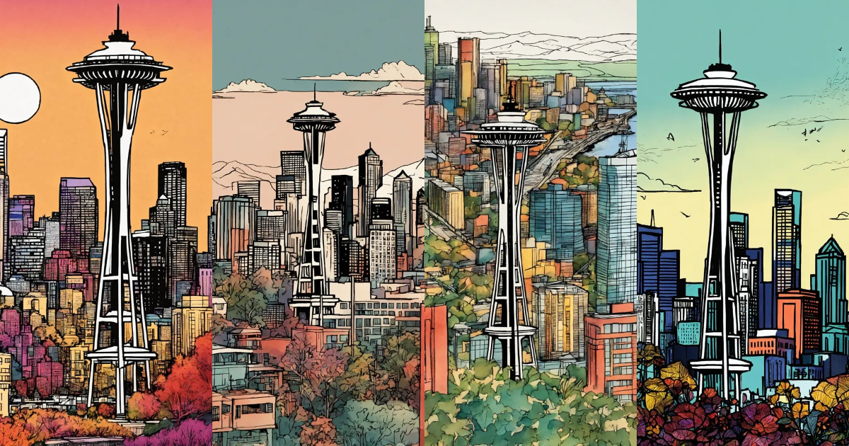 Lexica - Beautiful pen and ink sketch of Future Seattle, minimalist ...