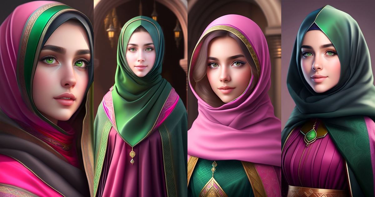 Lexica - Cute hijab girl wearing medieval mage clothing،Green eyes, pink dress