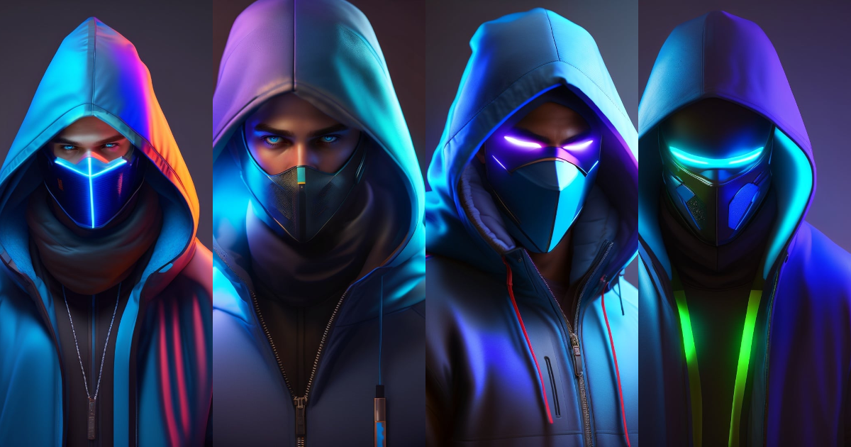 Lexica - Male character in hood, neon blue, mask, dark