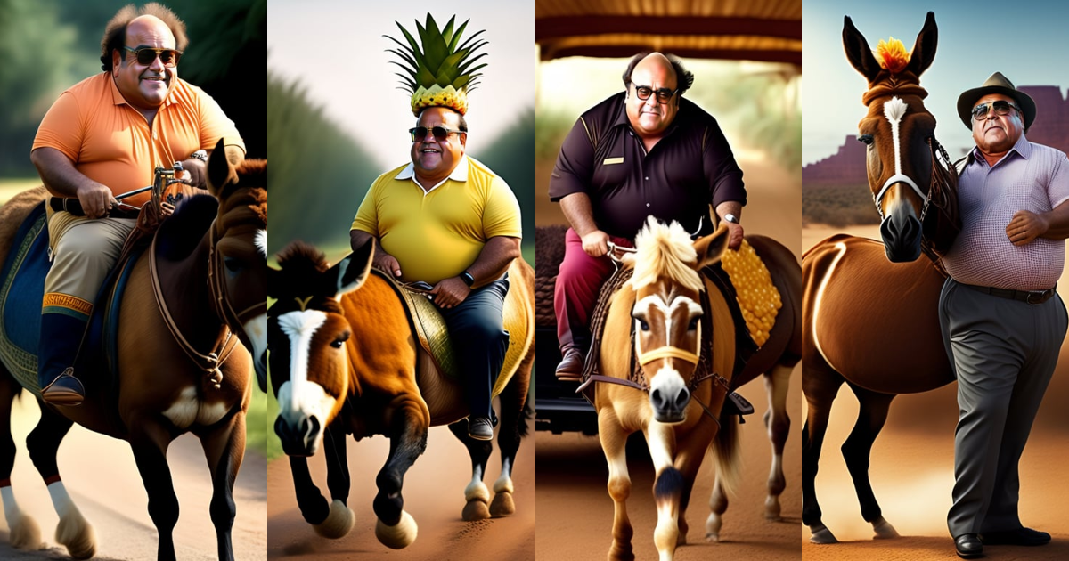 Lexica - Danny devito riding a donkey eat a big ham with pineapple on it