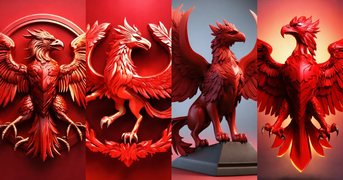 Lexica - Griffon symbol, rich red to bright red gradient, 8k 3d
