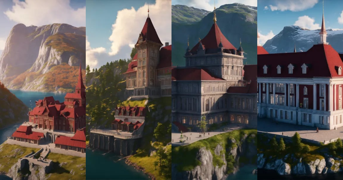 Lexica - Full image of a massive royal palace with a maroon roof on a cliff overlooking a Fjord ...