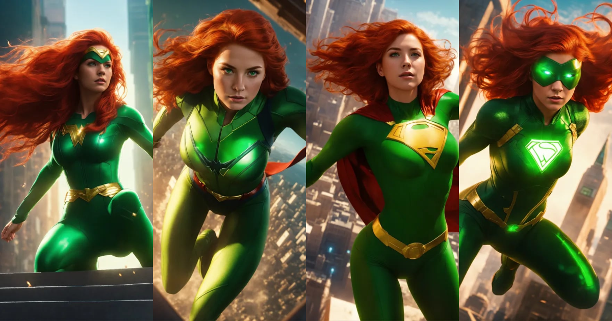 Lexica - Red-haired, green-eyed female superhero, with an AA Sybal on ...