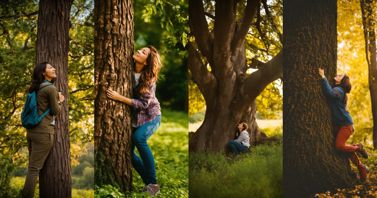 Lexica - A person hugging a tree, while looking up. excited