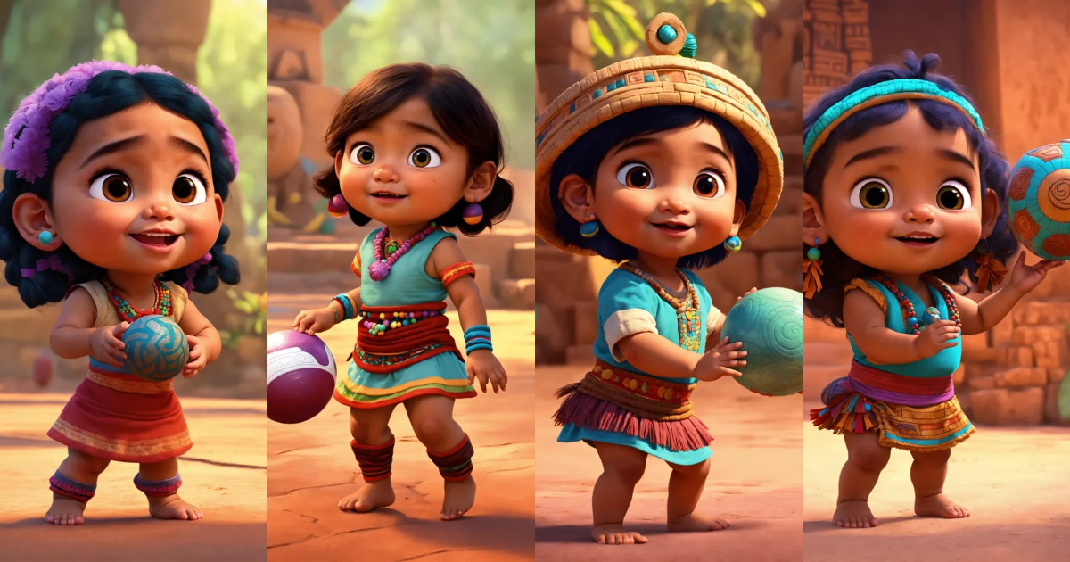 Lexica - Pixar animation of a baby mayan girl playing the Mayan ball ...