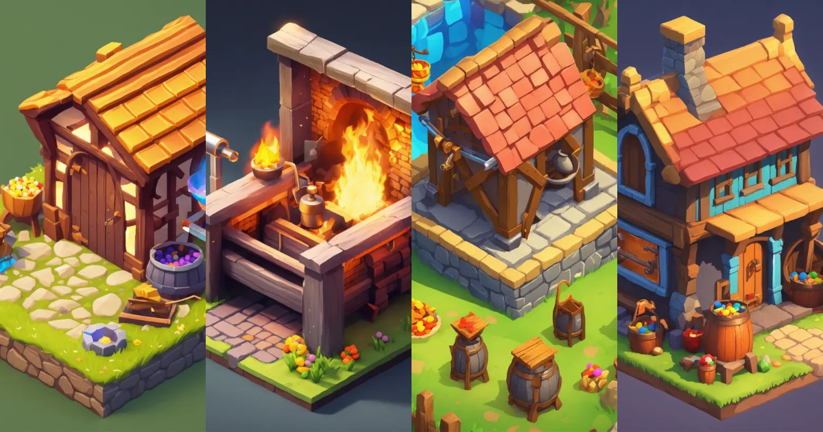Lexica - Game art, blacksmith forge, isometric view, full view, outside ...