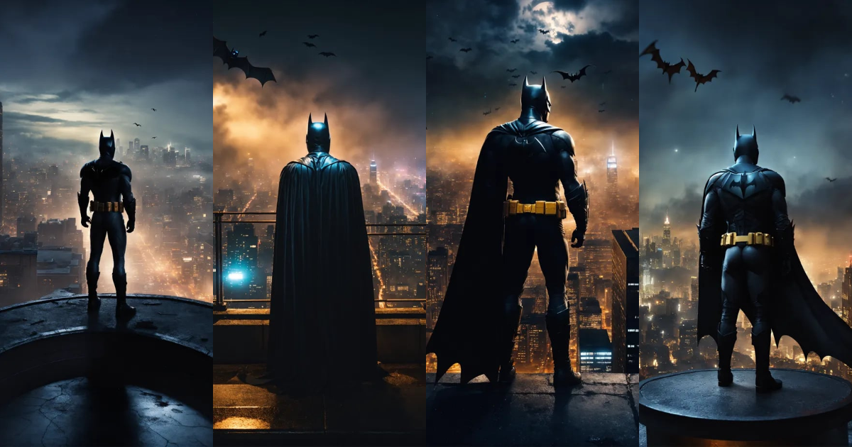 Lexica - 5 [Foreground Batman standing on ledge of building overlooking ...