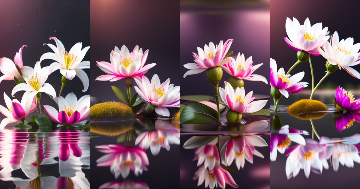 Lexica - Watery pink and white lilies in mirrored dark water are ...