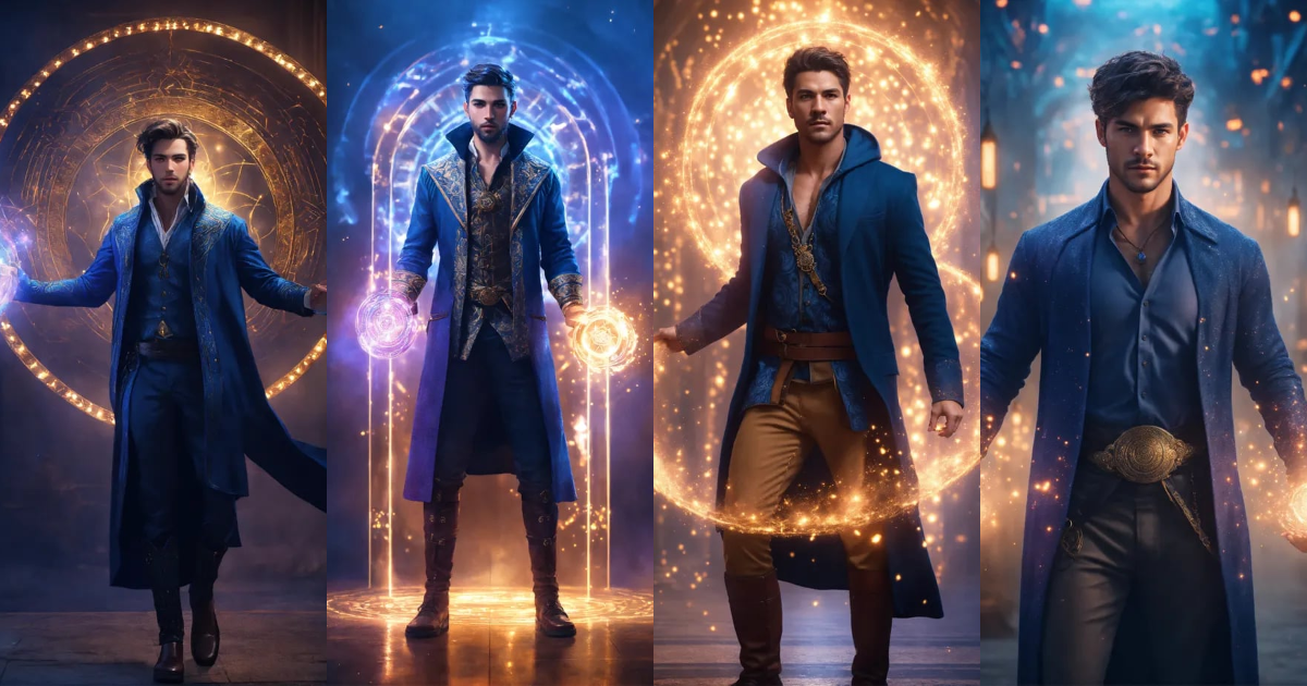 Lexica - A realistic full body portrait of a male magic user, indigo ...