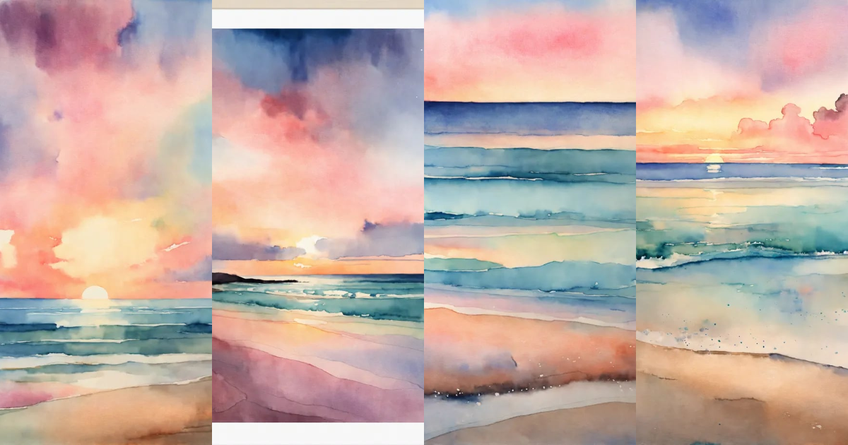 Lexica - A watercolor abstract painting of a pastel sky over a beachscape