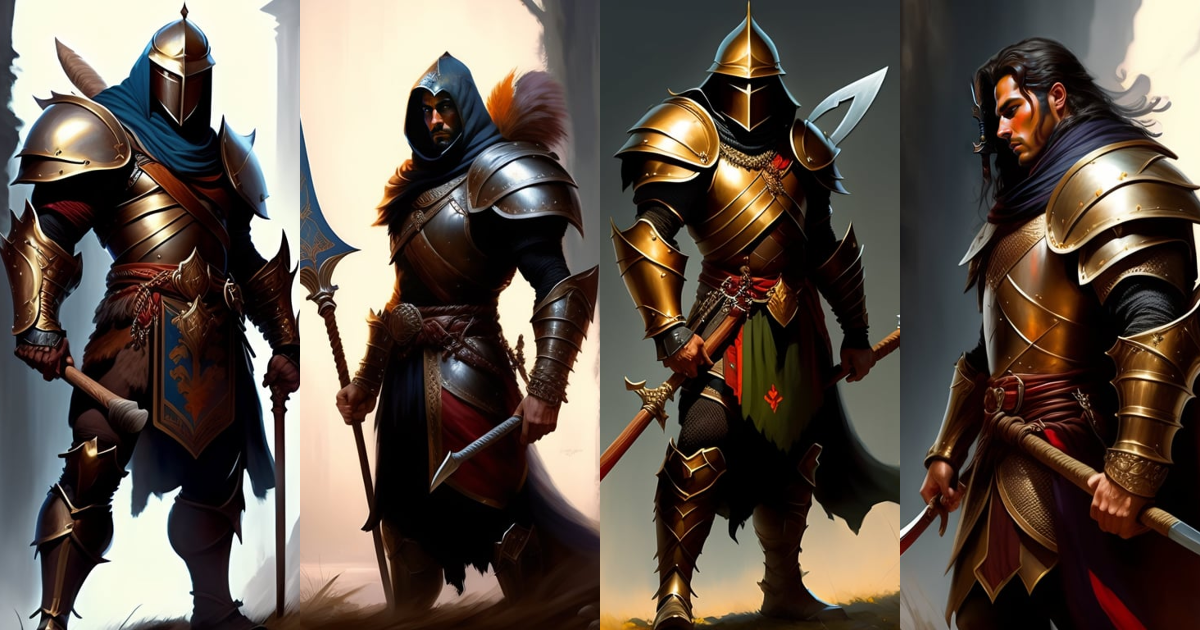 Lexica - A knight in hide armor holding an axe, leaning against an axe ...