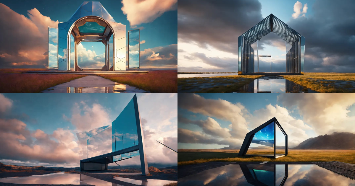 Lexica - Futuristic angular gate on mirror ground and clouds