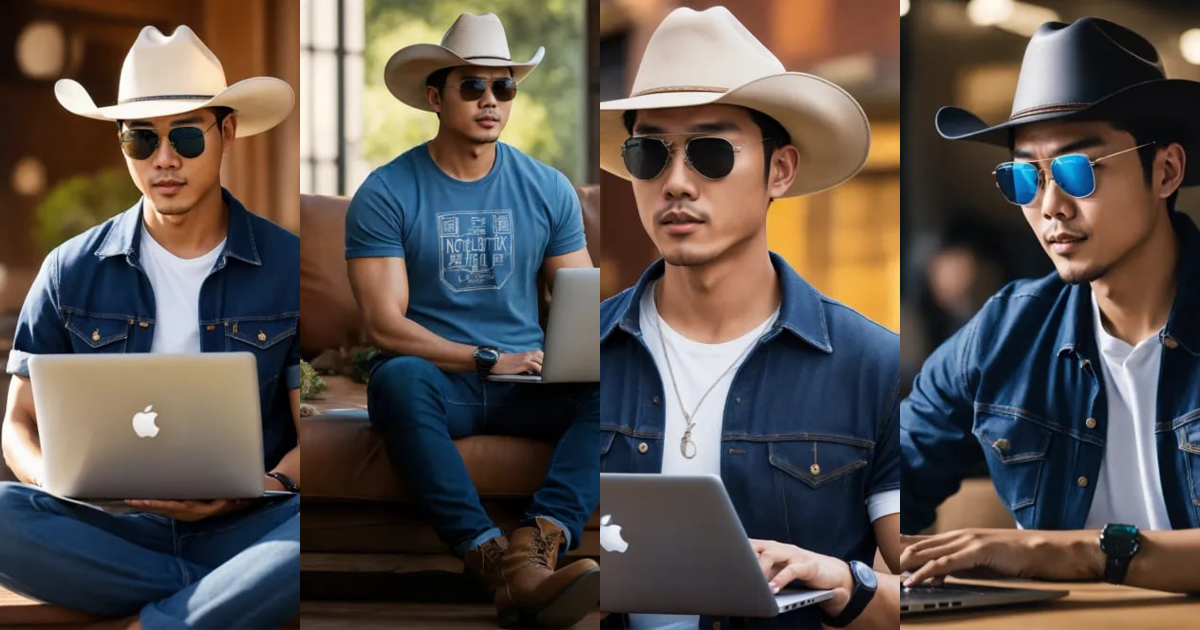 Lexica - Asian guy in cowboy hat, boots, jeans tech company t-shirt ...