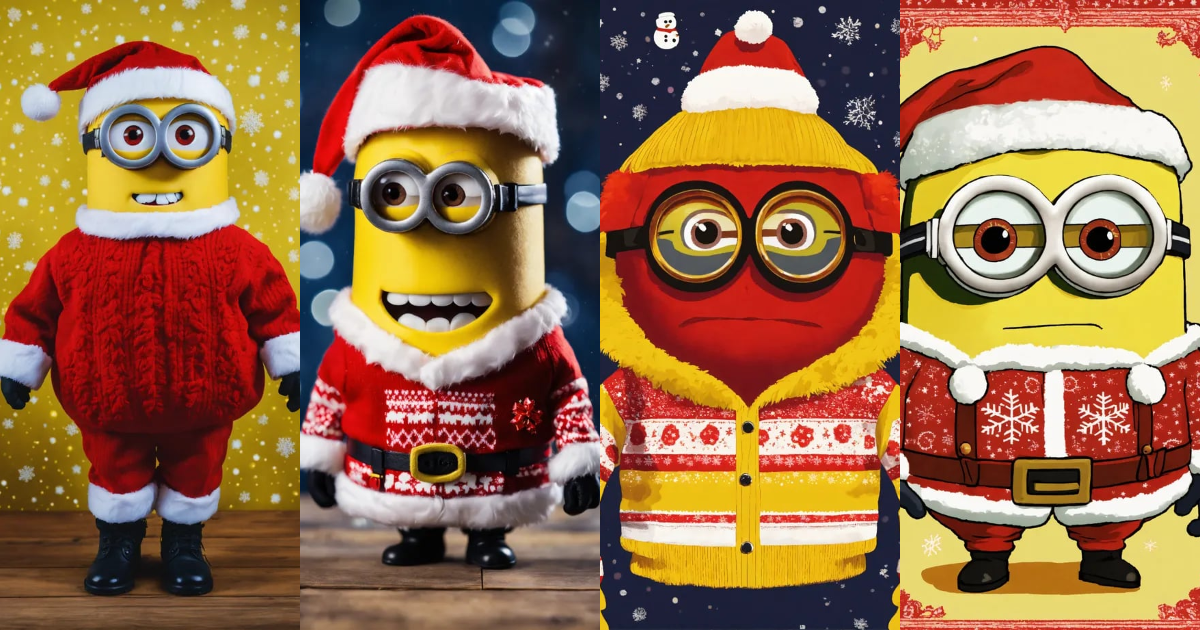 Lexica - The little red minion in a christmas jumper wearing santa, in ...