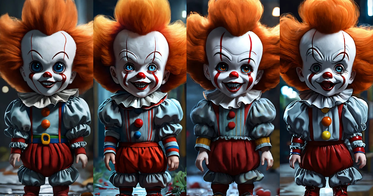 Lexica - Pennywise as a cute baby, cartoon effect, very big eyes. More ...
