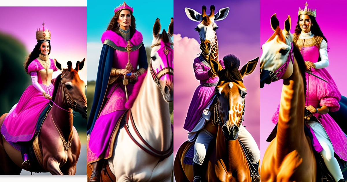 Lexica - Marta Gastini in pink medieval princess style riding a giraffe