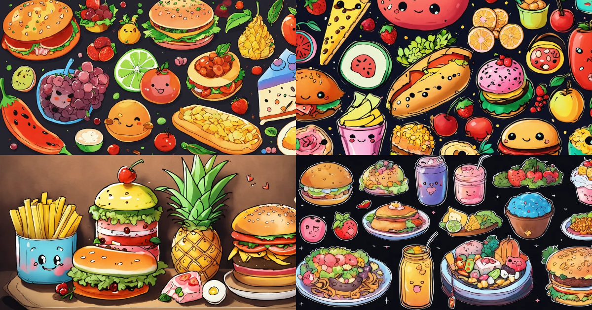 Lexica - Colorful, kawaii chibi food items on pale black paper, very ...