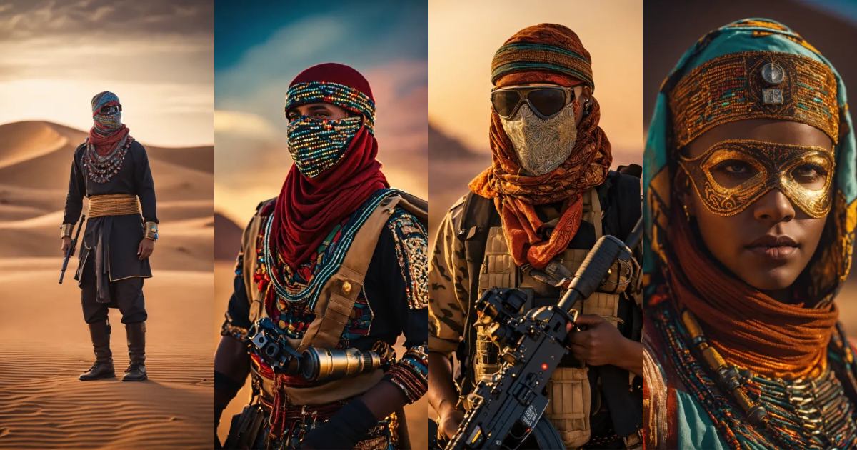 Lexica - Desert, terrorist, masked african, war background, scarfaced ...