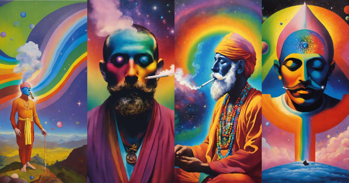 Lexica - Abstract yogi smoking DMT, with galaxy emerging from his third ...