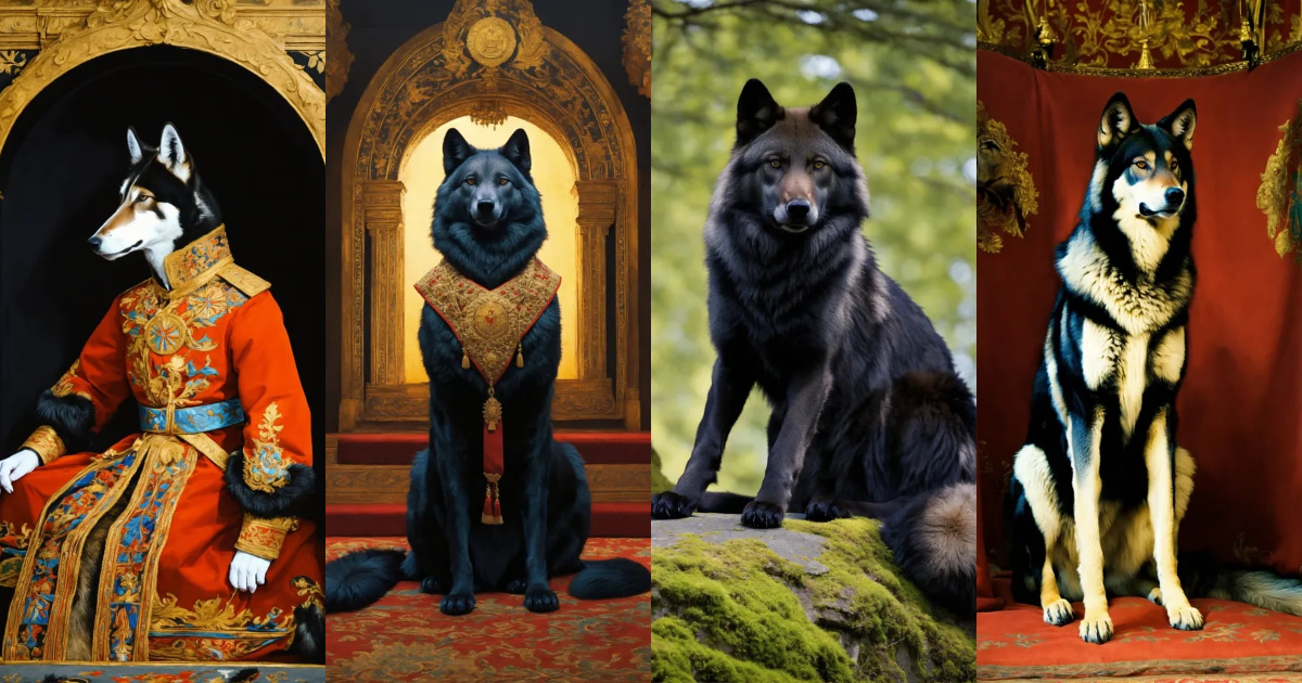 Lexica - Un tsar russe à tête de loup noir assis sur un trône