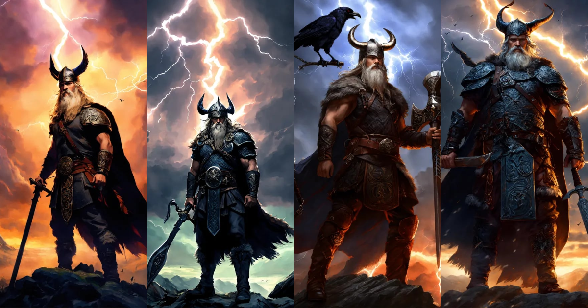 Lexica - Odin, axes, ravens in background, dramatic, lightning, warrior ...
