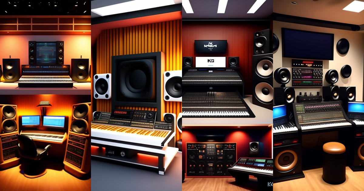 Lexica - Hip-hop music producer studio in 2030 with KMG on the wall