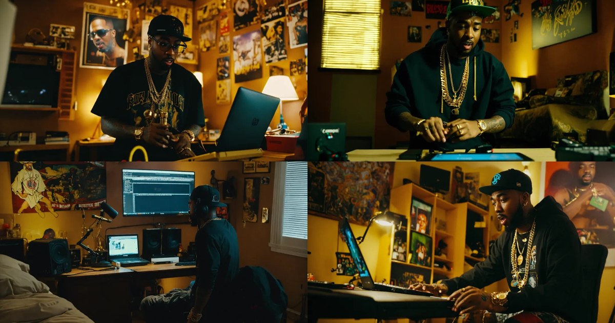 Lexica - Full body shot black battle rapper "Aye Verb" typing on a ...