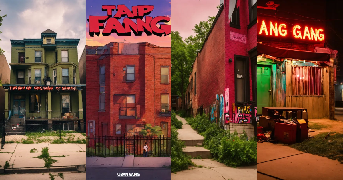 Lexica - Inside of a Trap house urban neighborhood with the words FANG ...