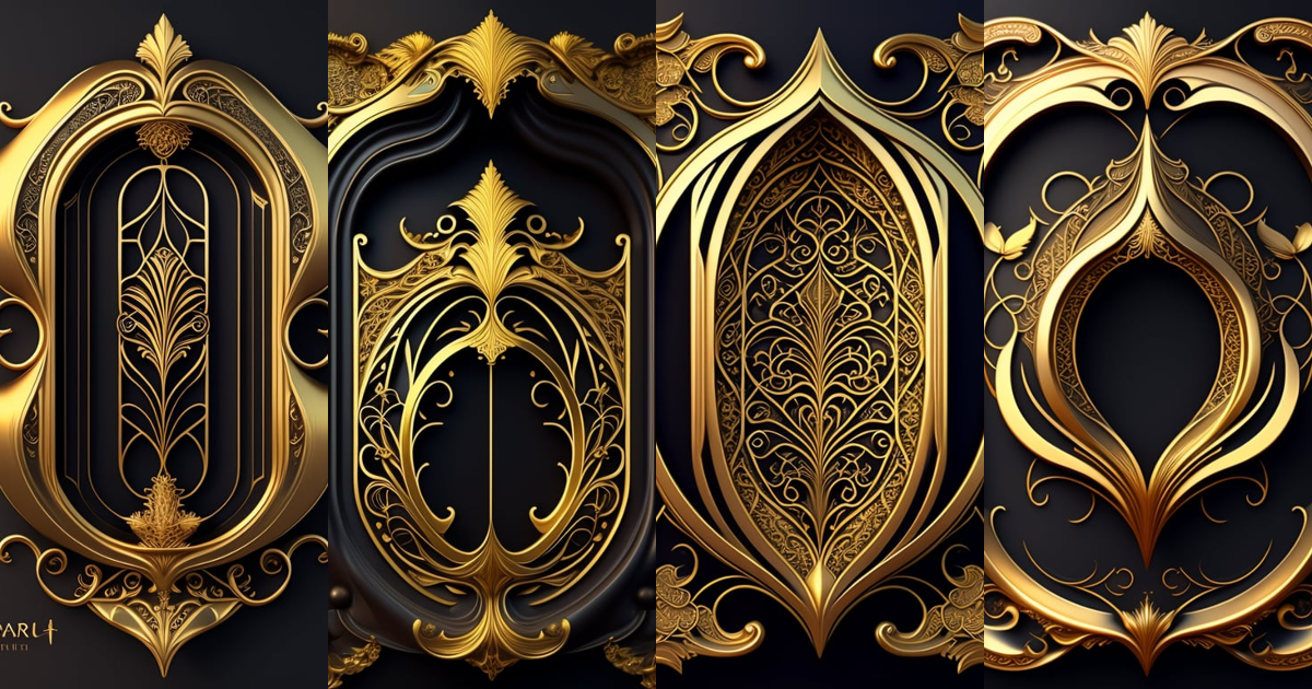 Lexica - An intricate art nouveau edges frame, with golden entertwined edges and empty black ...
